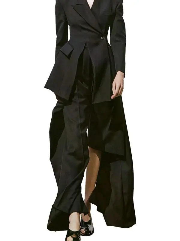 A.W.A.K.E. Mode Dark Navy Wool Slit Knee Draped Trousers - Black