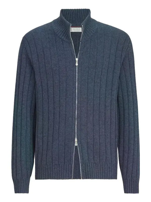 Brunello Cucinelli Cashmere Ribbed High Neck Zip Cardigan - Blue