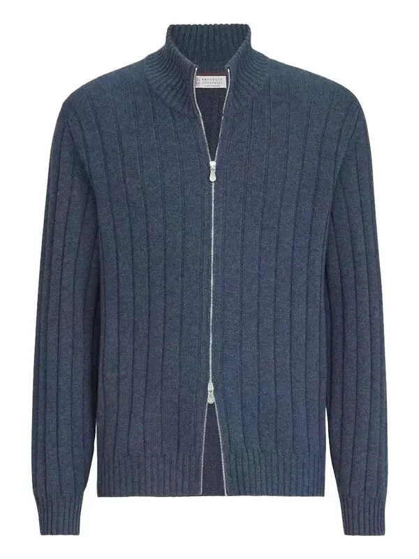Brunello Cucinelli Cashmere Ribbed High Neck Zip Cardigan - Blue