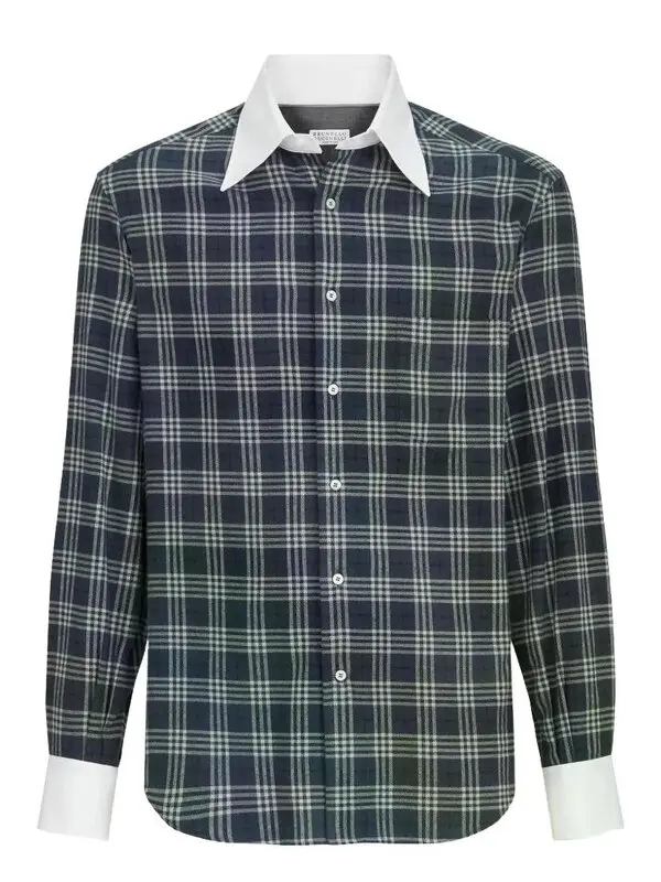 Brunello Cucinelli Cotton And Lyocell Tartan Flannel Shirt With Contrast Italian Collar And Cuffs - Blue