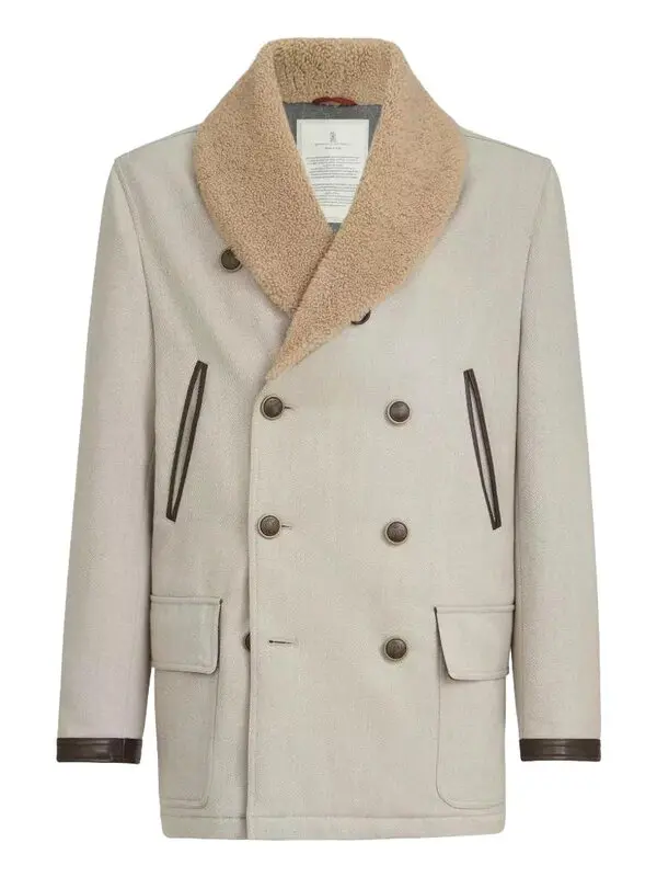 Brunello Cucinelli Wool And Cashmere Cavalry Coat With Shearling Collar And Thermore® Padding - Grey
