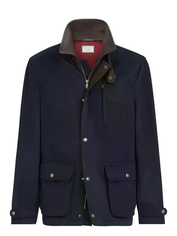 Brunello Cucinelli Virgin Wool Cloth Field Jacket With Nappa Leather Inserts - Blue