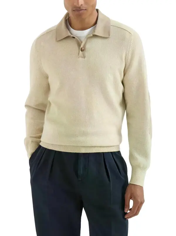 Brunello Cucinelli Cashmere Knit Polo With Suede Collar - Neutrals