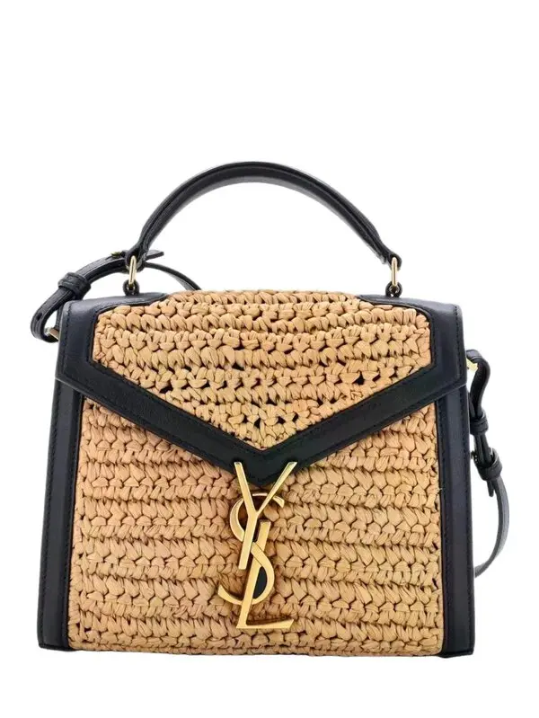 Saint Laurent Cassandra Top Handle Bag Raffia With Leather Mini Satchel - Black