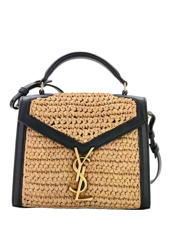 Saint Laurent Cassandra Top Handle Bag Raffia With Leather Mini Satchel - Black
