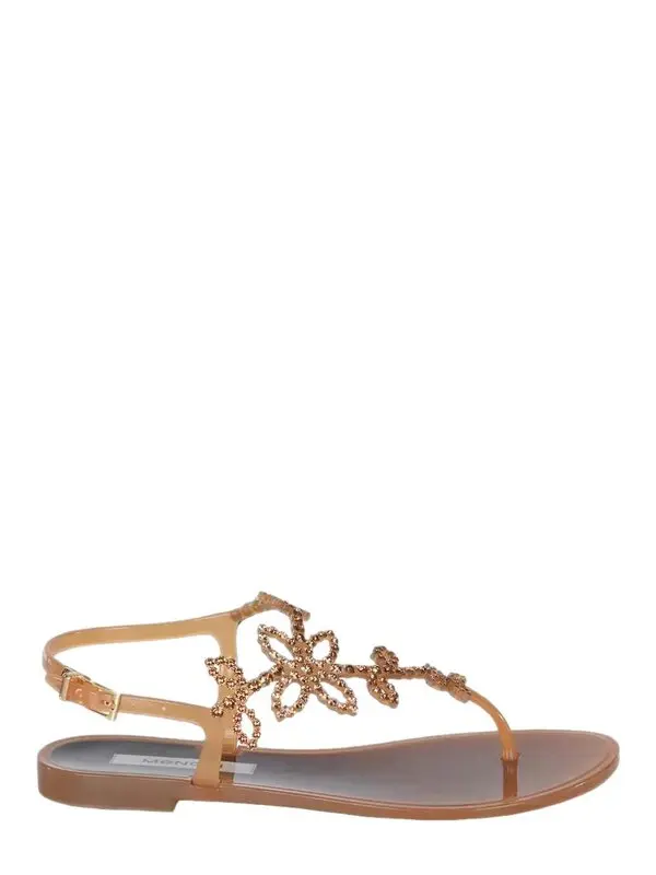 Menghi Crystal Embellished Floral Detail Flat Sandals - Neutrals