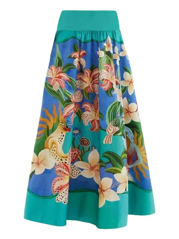 Farm Rio Graphic Print Midi Skirt - Blue