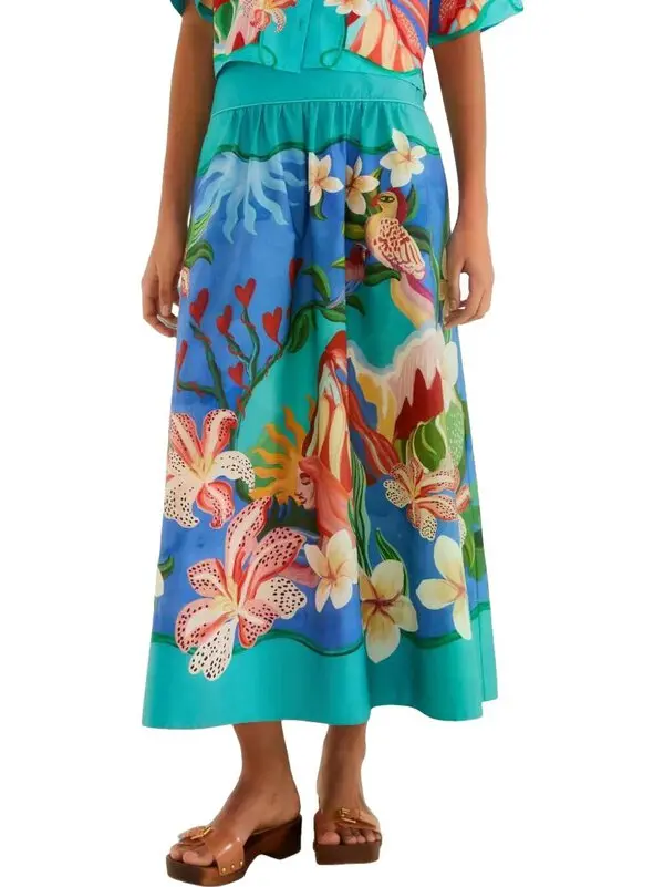 Farm Rio Graphic Print Midi Skirt - Blue