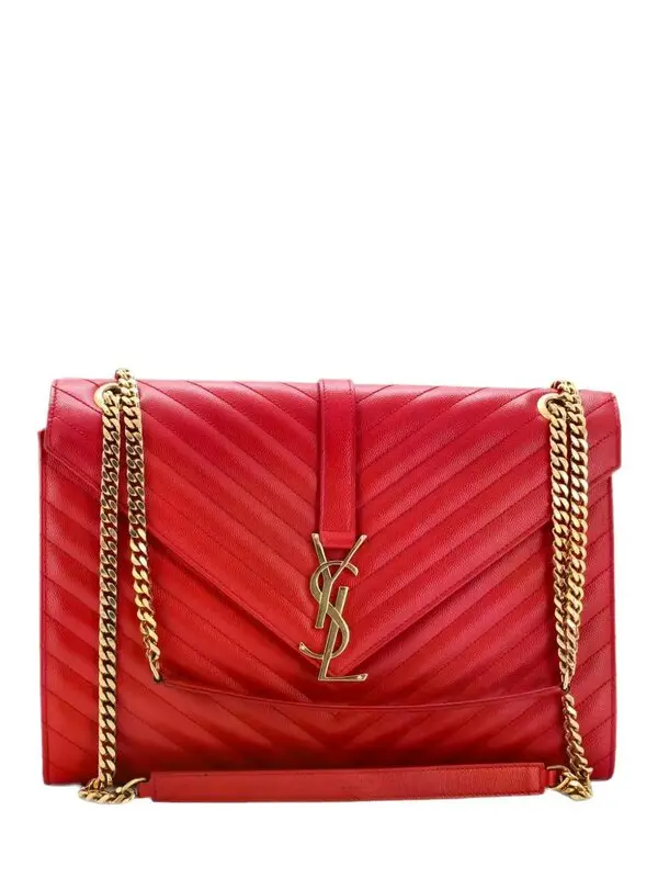 Saint Laurent Monogram Envelope Satchel Matelasse Chevron Leather Shoulder Bag - Red