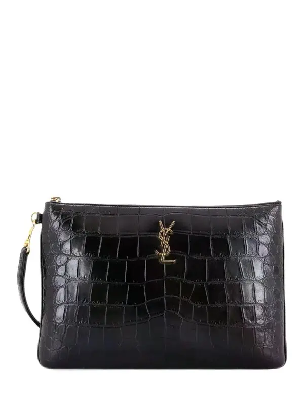 Saint Laurent Classic Monogram Tablet Wristlet Pouch Crocodile Embossed Leather Clutch Bag - Black
