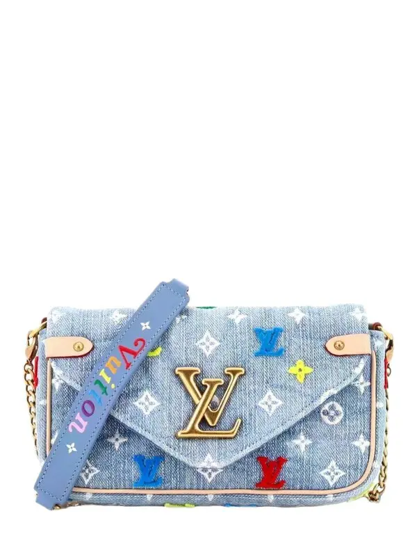 LOUIS VUITTON New Wave Chain Pochette Monogram Embroidered Quilted Denim Crossbody Bag - Blue