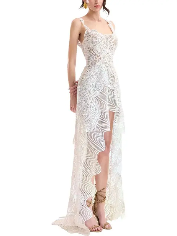 GEMY MAALOUF Embroidered Ruffled Sweetheart Neck Dress - Neutrals