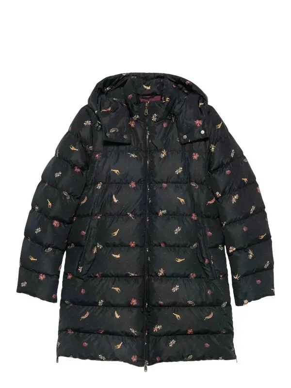 Etro Quilted Hooded Coat With Animal And Floral Print - Black