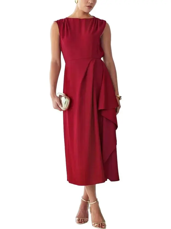 WILLA Draped Ruffled Midi Dress - Red