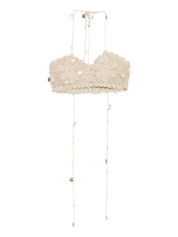 ASTA RESORT Charlotte Crochet Shell-embellished Top - Neutrals