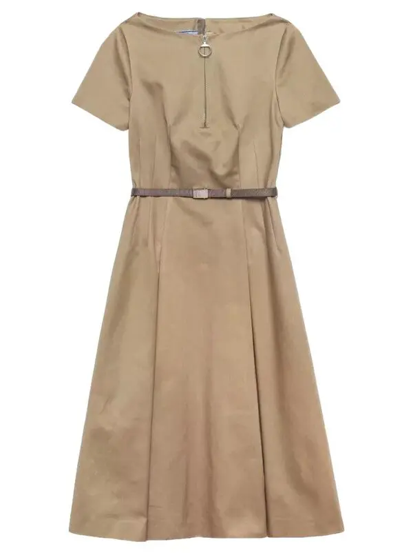 Prada Chino Zipper Dress With Boat Neck And Short Sleeves - Neutrals