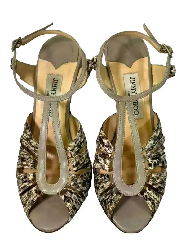 JIMMY CHOO Python-embossed Strappy Peep-toe Sandals - Neutrals