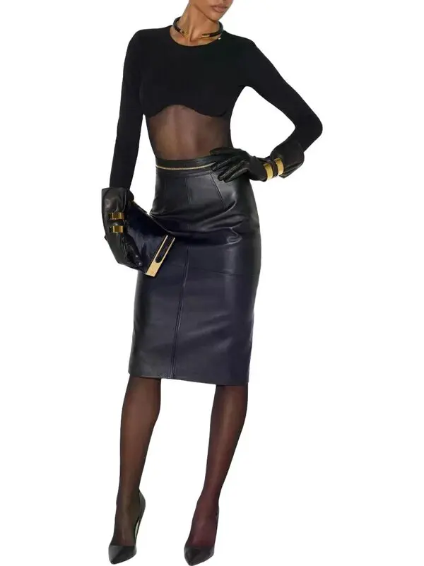 Elisabetta Franchi Midi Leather Skirt With Golden Zip Embellishments - Black