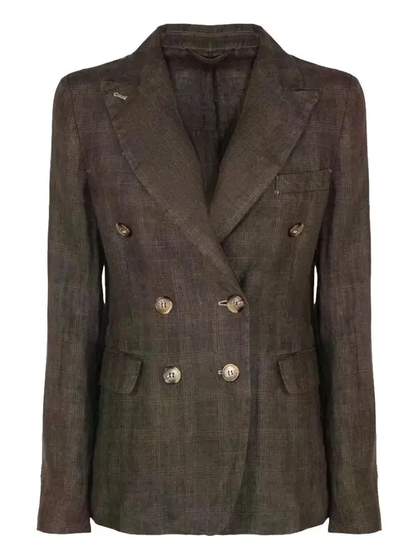 KILTIE Double-breasted Checked Linen Blazer - Brown
