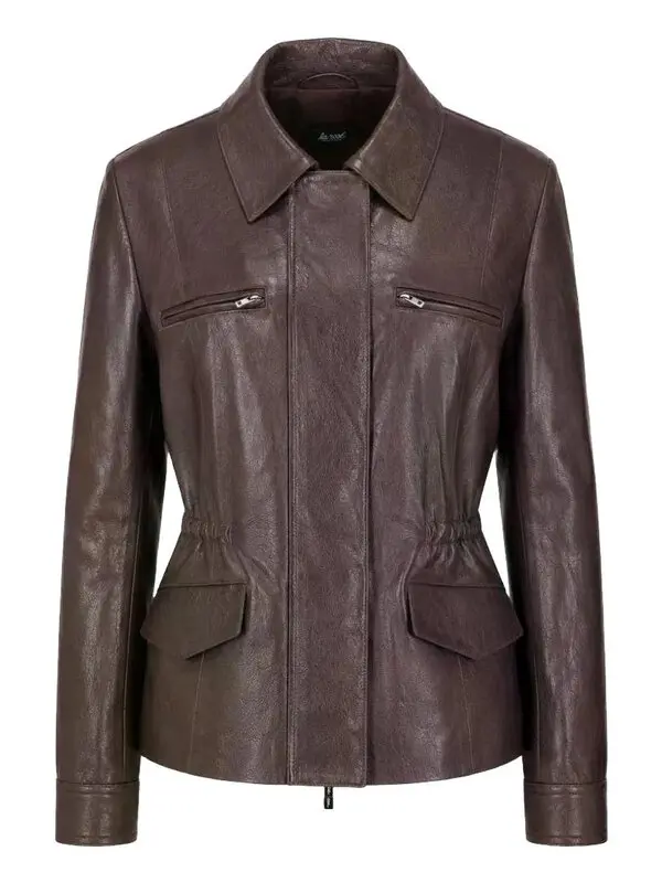 LA ROSE Dark Leather Zip-up Jacket With Drawstring Waist - Brown