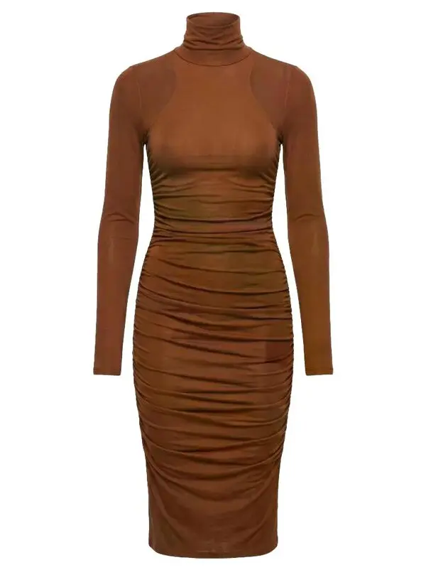 Elisabetta Franchi Long-sleeved Midi Dress With Ruched Detailing - Brown