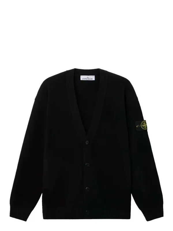 Stone Island Logo Patch V-neck Cardigan - Black