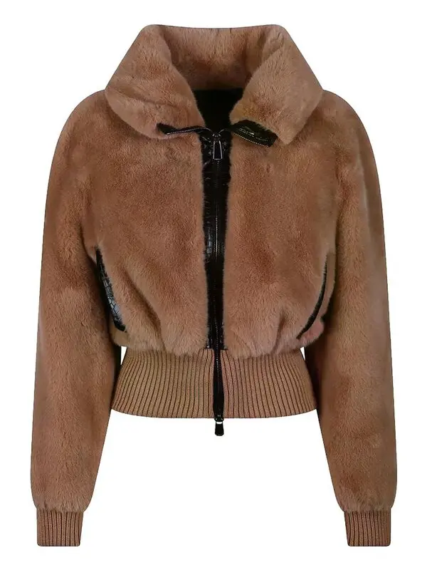 Pinko Crocodile-effect Trim Faux-fur Bomber Jacket - Brown