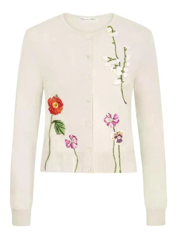 Oscar De La Renta Botanical Threadwork Wool Cardigan - Neutrals