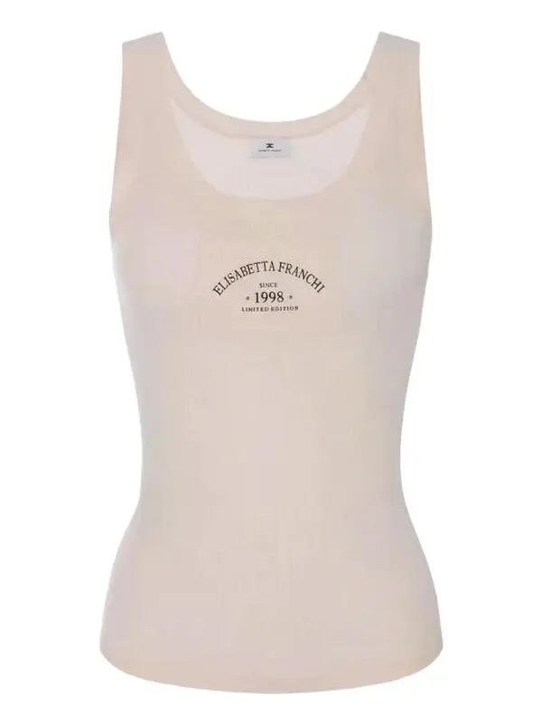 Elisabetta Franchi Ribbed Knit Logo Patch Top - Neutrals