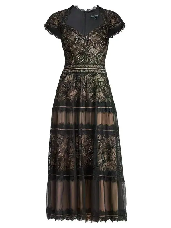 Tadashi Shoji Maelle Lace-overlay Tiered Midi Dress - Black