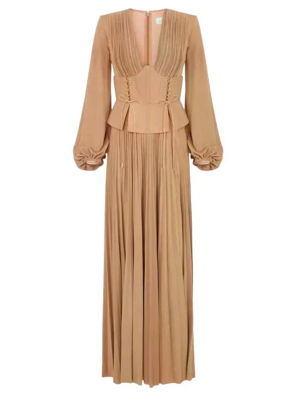 Elisabetta Franchi Long Sleeve Lamé-effect Jersey Gown With Bustier Belt - Neutrals