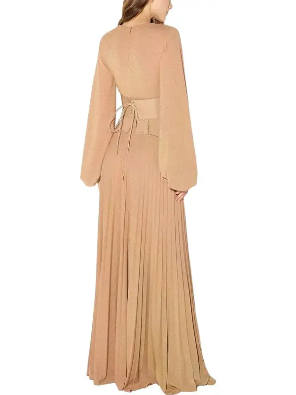 Elisabetta Franchi Long Sleeve Lamé-effect Jersey Gown With Bustier Belt - Neutrals