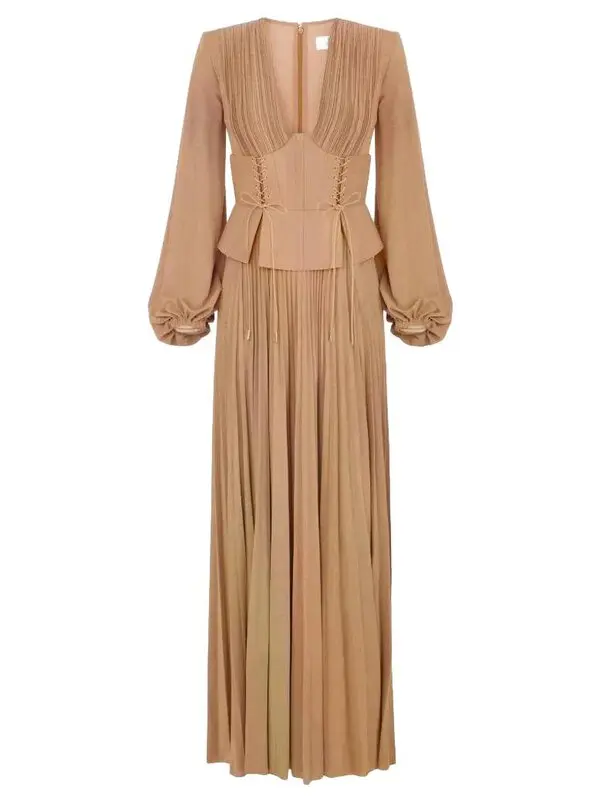 Elisabetta Franchi Long Sleeve Lamé-effect Jersey Gown With Bustier Belt - Neutrals