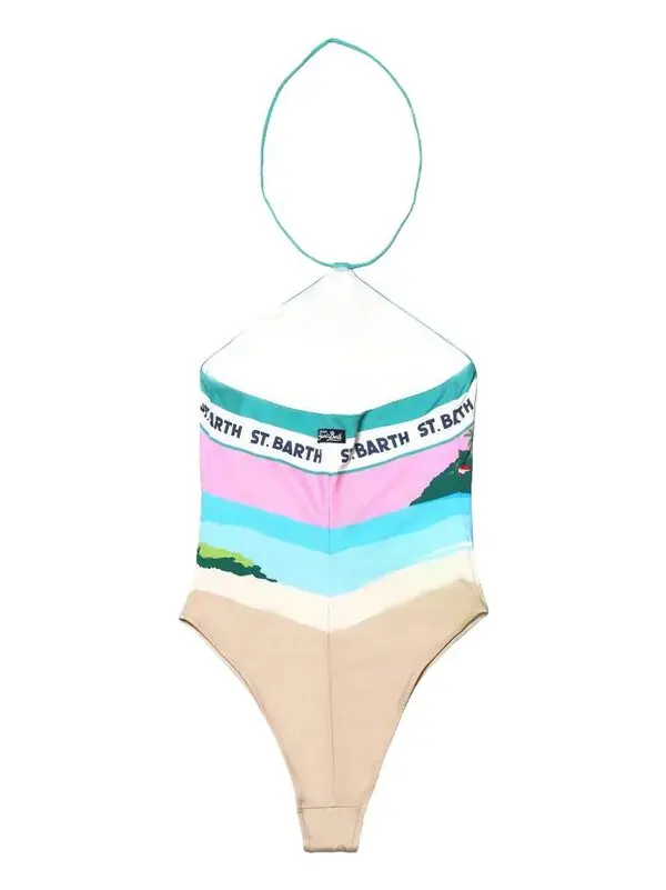 MC2 SAINT BARTH Halterneck Bodysuit With Graphic Print And Logo Tape - Neutrals