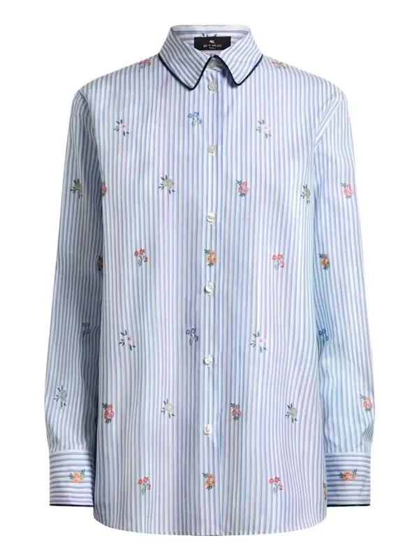 Etro Striped Cotton Jacquard Shirt With Fil Coupé Flower Motif And Velvet Trim - Blue