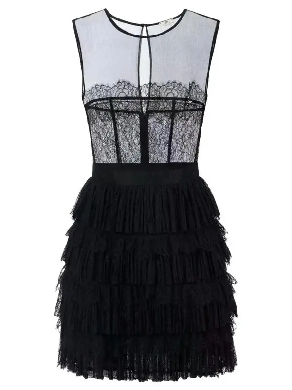 Elisabetta Franchi Mini Dress In Crepon And Floral Lace - Black