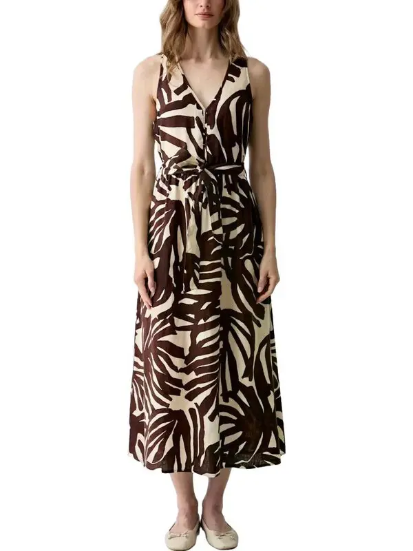 BENETTON Leaf-print Belted V-neck Dress - Neutrals