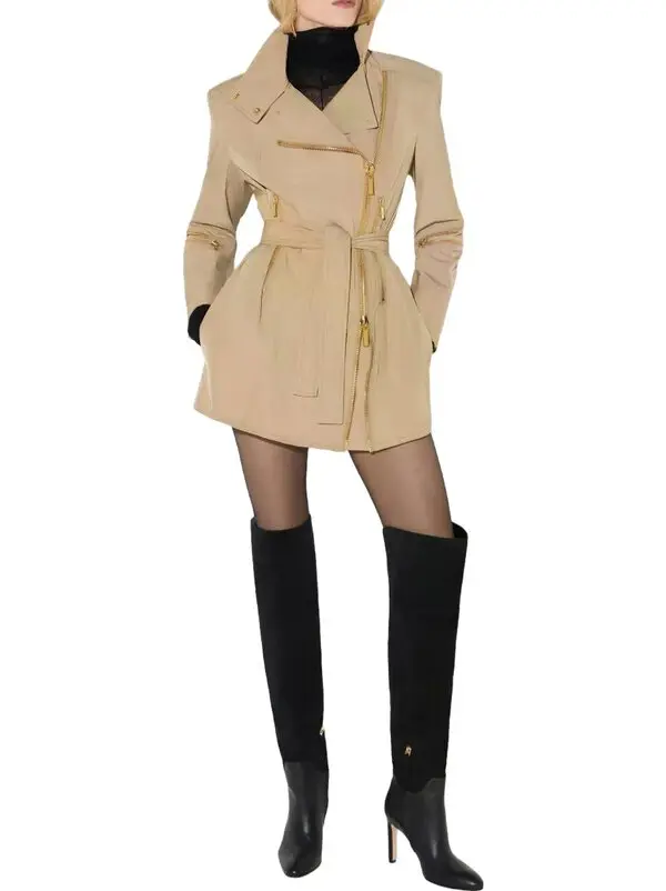 Elisabetta Franchi Taffeta Voile Jacket With Architectural Design And Gold Metal Zips - Neutrals