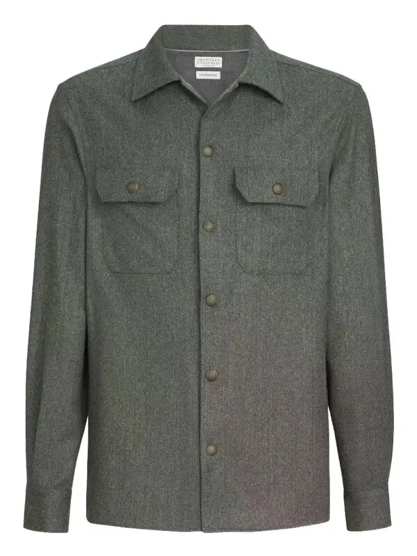 Brunello Cucinelli Virgin Wool Flannel Overshirt With Spread Collar And Chest Pockets - Green