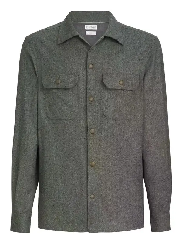 Brunello Cucinelli Virgin Wool Flannel Overshirt With Spread Collar And Chest Pockets - Green