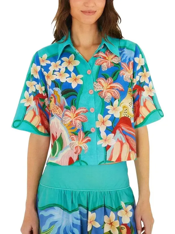 Farm Rio Garden Of Life Cropped Floral Shirt - Blue