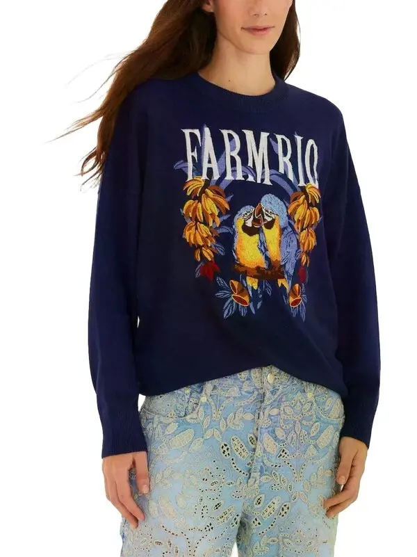 Farm Rio Love Birds Embroidered Intarsia Knit Sweater - Blue