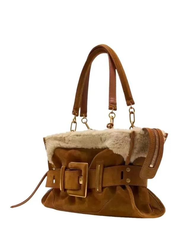 Balmain Anthem Buckled Shearling Shoulder Bag - Brown