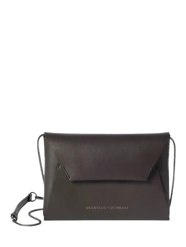 Brunello Cucinelli Duo Pochette In Calfskin With Precious Chain - Brown