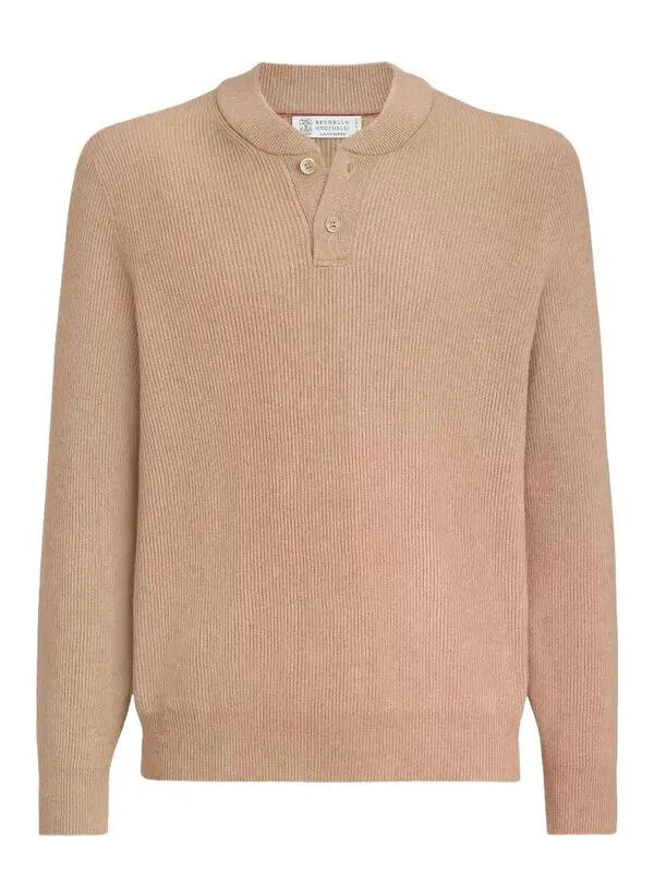 Brunello Cucinelli Cashmere English Rib Sweater With Henley Collar - Neutrals