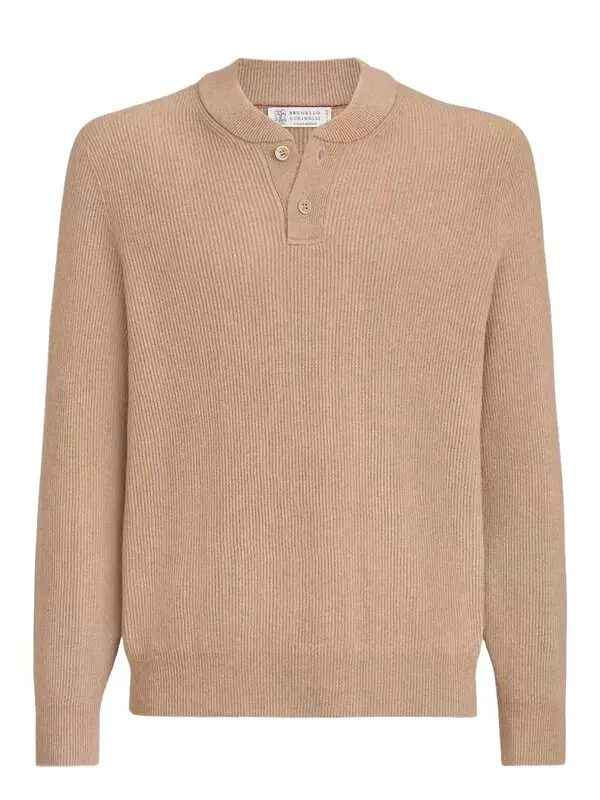 Brunello Cucinelli Cashmere English Rib Sweater With Henley Collar - Neutrals
