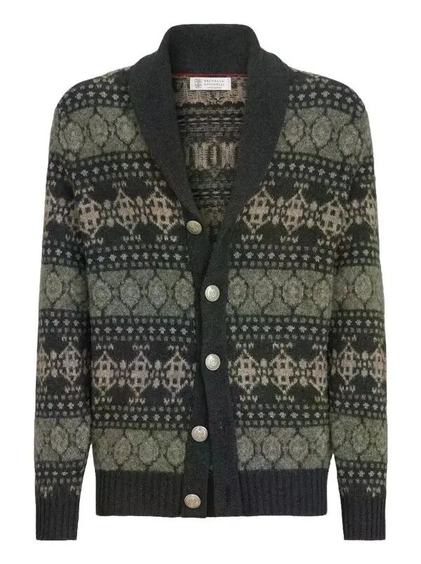 Brunello Cucinelli Cashmere Jacquard Cardigan With Shawl Collar - Grey