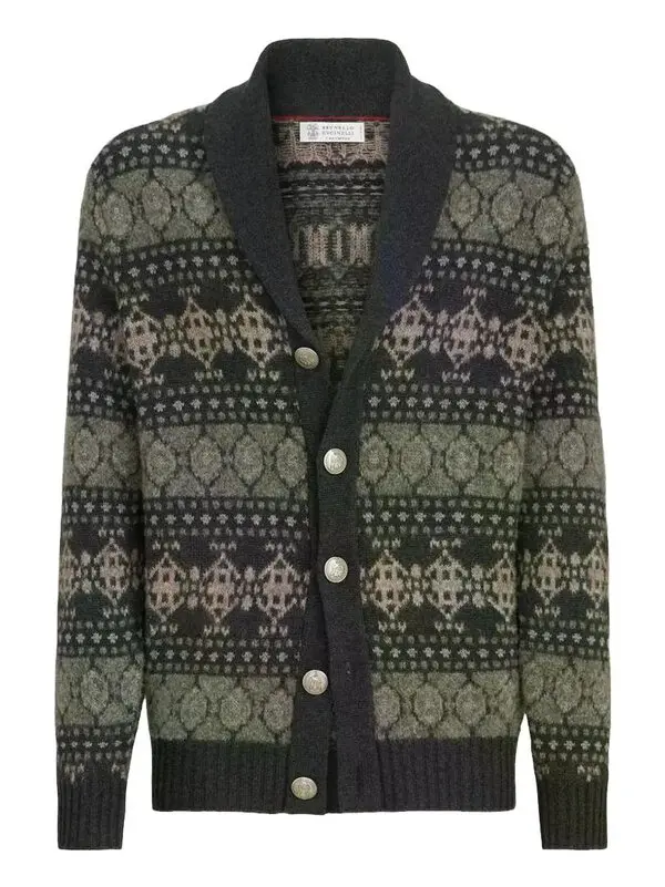 Brunello Cucinelli Cashmere Jacquard Cardigan With Shawl Collar - Grey