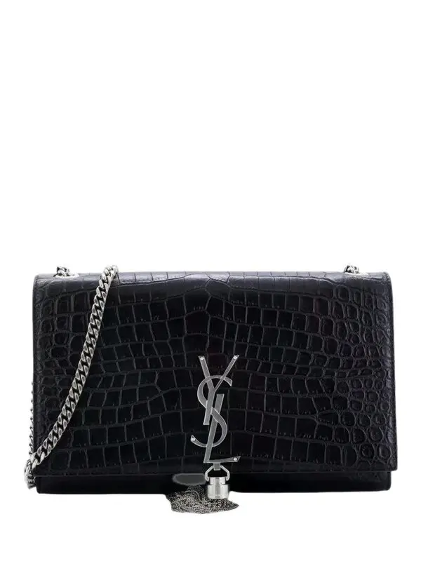 Saint Laurent Monogram Tassel Crocodile Embossed Leather Medium Crossbody Bag - Black