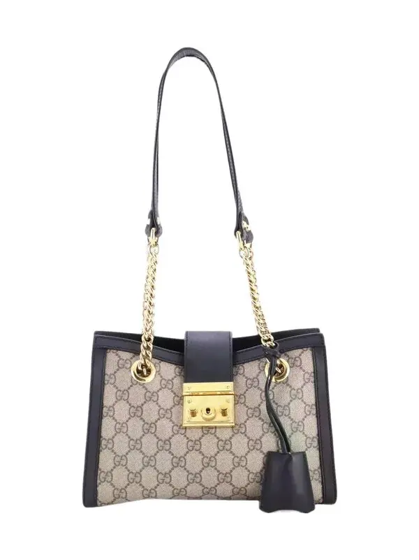 Gucci Padlock Chain Tote Gg Coated Canvas Leather Small Shoulder Bag - Black